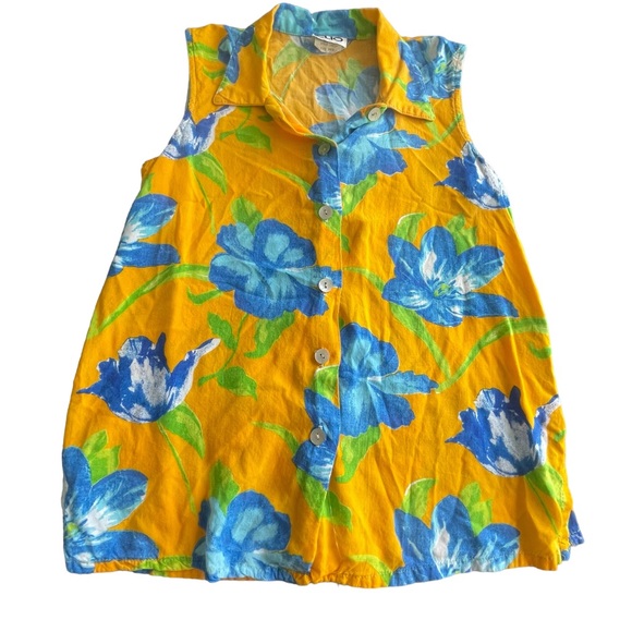 Clio | Tops | Vintage Clio Yellowblue Floral Sleeveless Collard Bloused ...